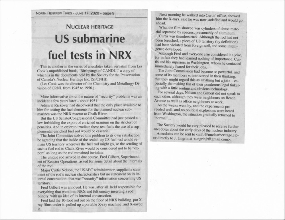 US Submarine Fuel Tests in NRX - Society for the Preservation of Canada ...